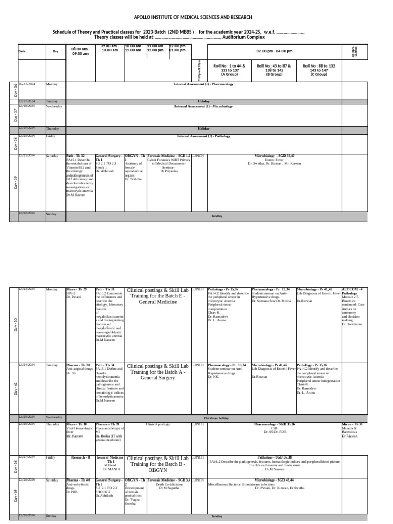 2024-25 MBBS Class Schedule & Assessments | PDF | Pathology | Anemia