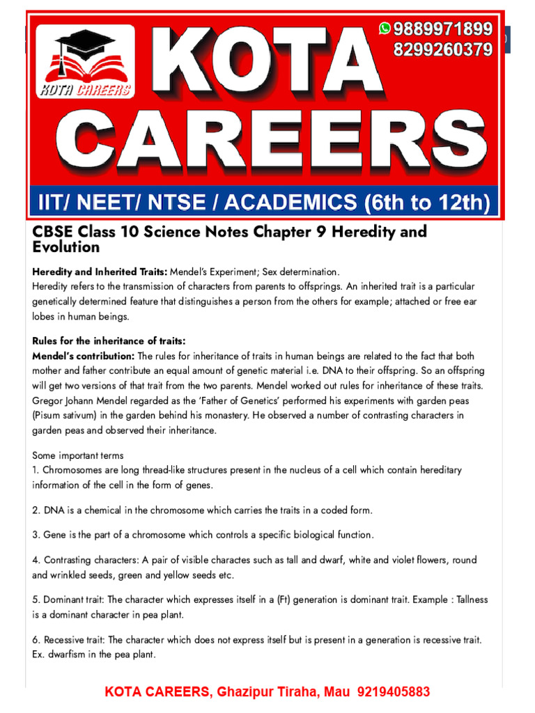 Class 10 Heredity & Evolution Notes | PDF | Dominance (Genetics) | Zygosity