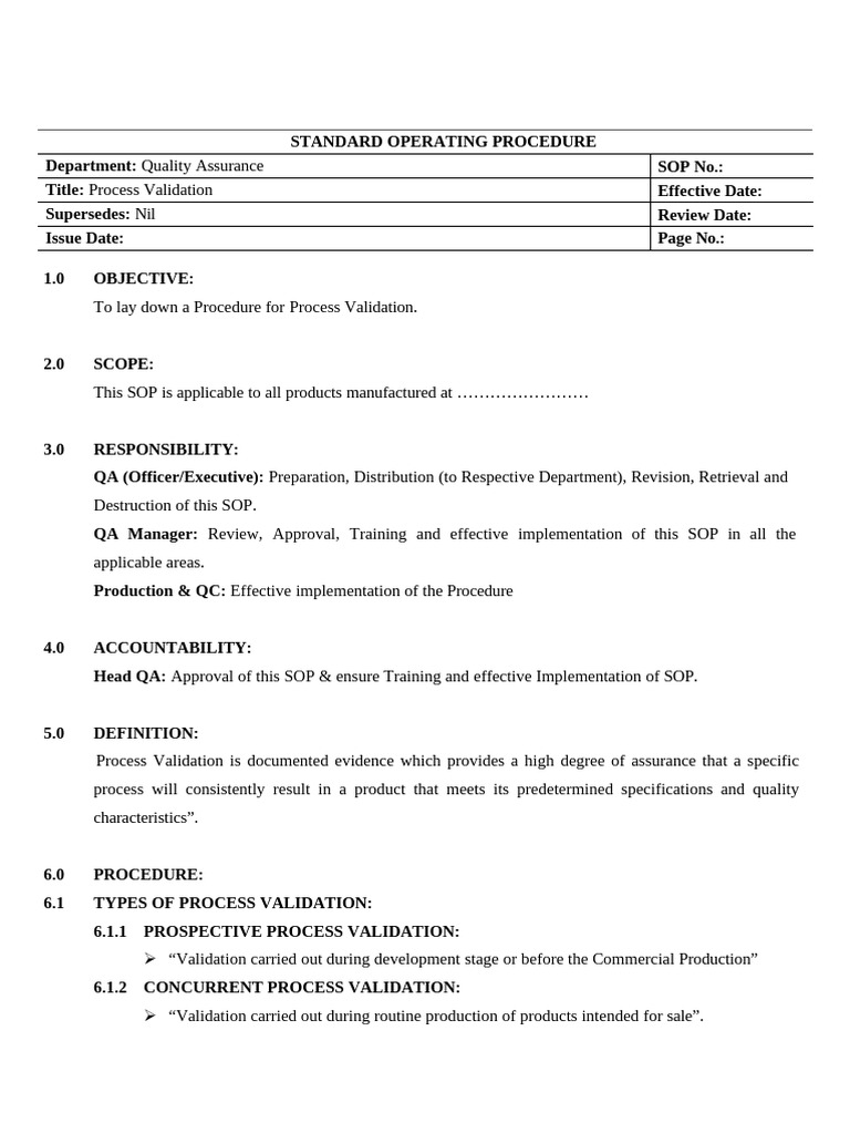 SOP For Process Validation | PDF | Verification And Validation | Sterilization (Microbiology)
