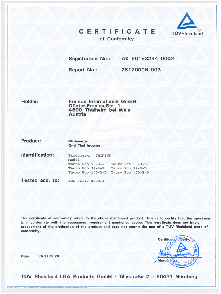SE CER Conformity IEC 62109 2 Fronius Tauro Eco EN | PDF