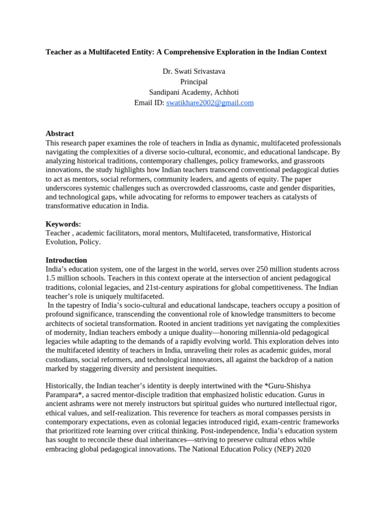 Teacher As A Multifaceted Entity - A Comprehensive Exploration in The ...