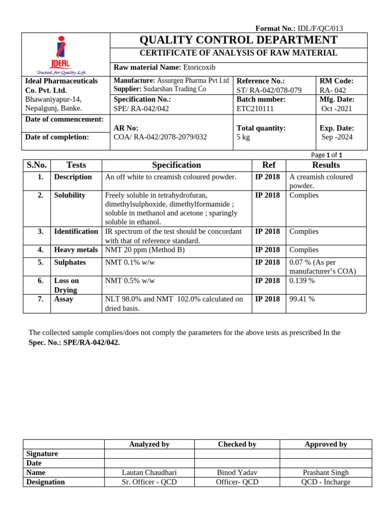 RAW MATERIALS ANALYSIS OF Etoricoxib | PDF | Chemical Substances