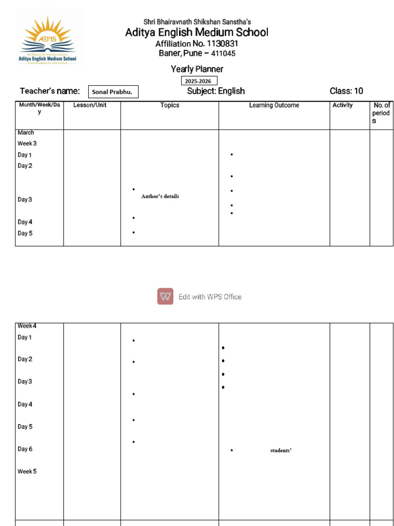 10th Class English Year Plan 2025-26 | PDF | Poetry | Grammar