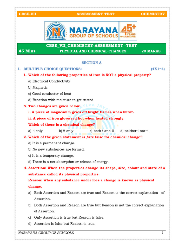 Chemistry Vii Cbse Che Assessment-Test Physical and Chemical Changes QP ...