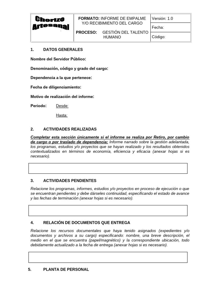 GTH-F-81 Informe de Empalme o Entrega Del Cargo 1.0 | PDF | Gestión del talento | Informática