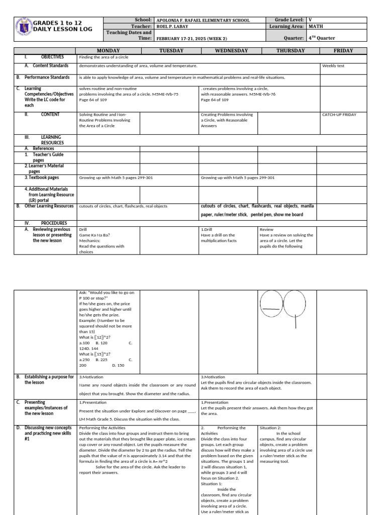 Grade 5 DLL MATH 5 Q4 Week 2 | PDF | Area | Circle