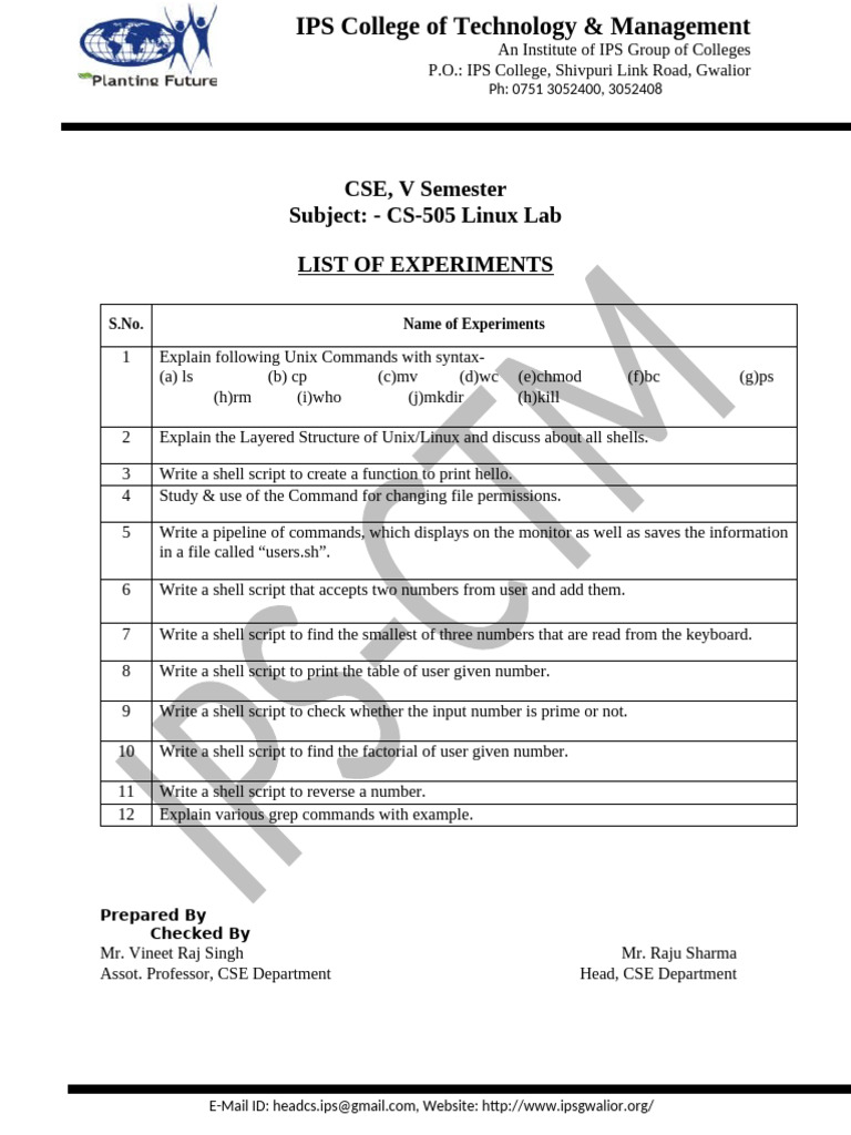 CS 505 Linux Lab List of Experiments | PDF
