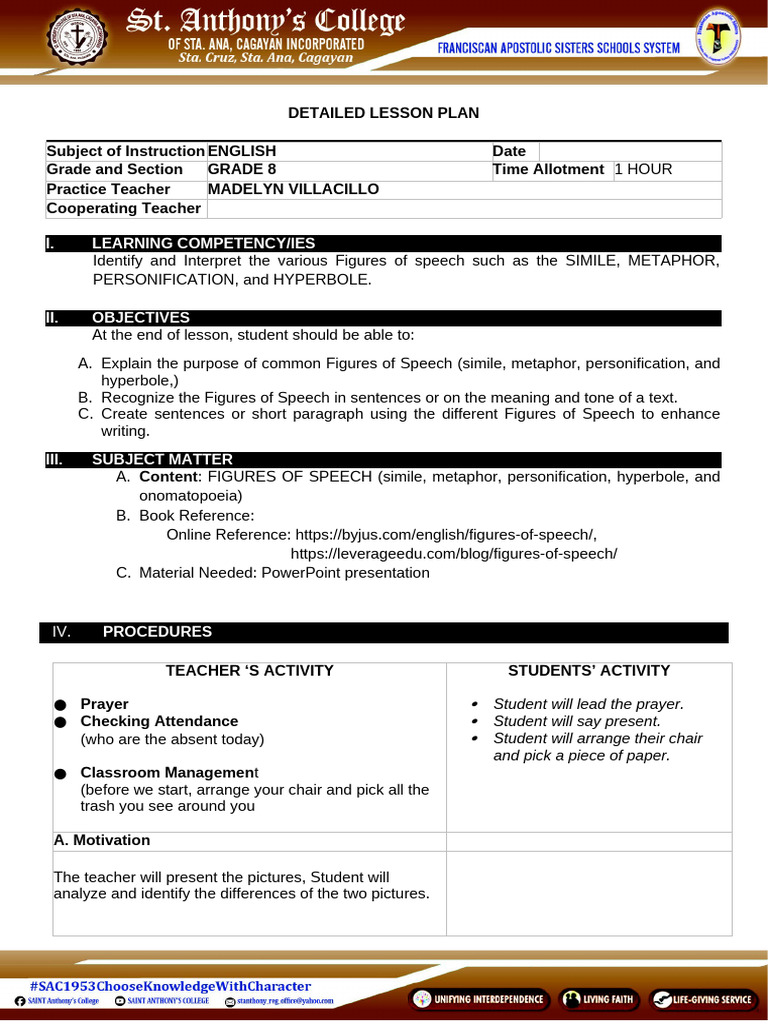 Figures of Speech Lesson Plan for Grade 8 | PDF | Metaphor