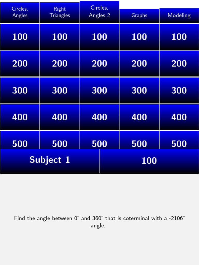 Jeopardy Math142 Ch5 Ch6 - 1 | PDF | Angle | Circle