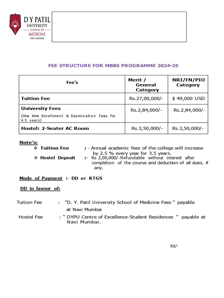 MBBS Fee Structure For Academic Year 2024 25UPDATED | PDF