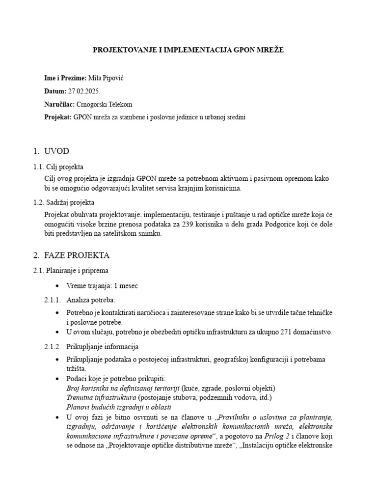 Projektovanje I Implementacija Gpon Mreže | PDF