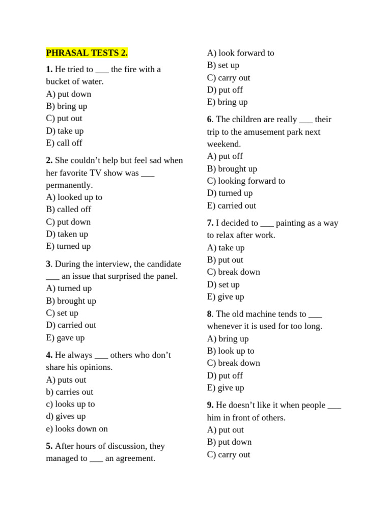 Phrasal Verb Test 1-45 | PDF