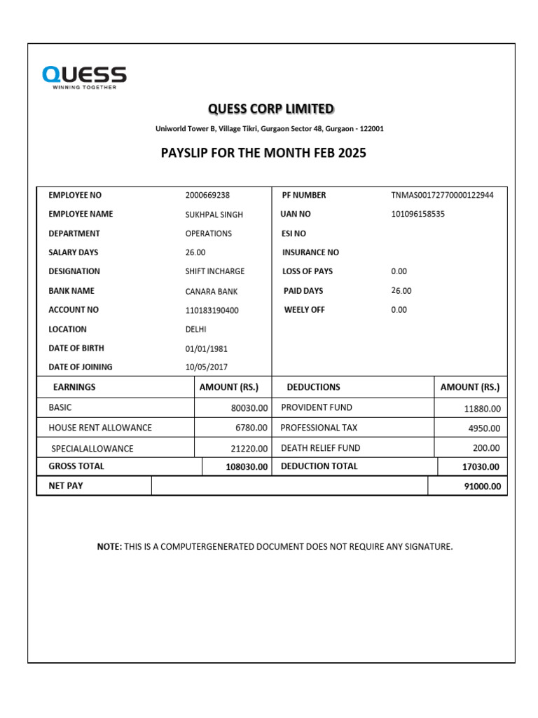 February 2025 Salary Slip Format | PDF