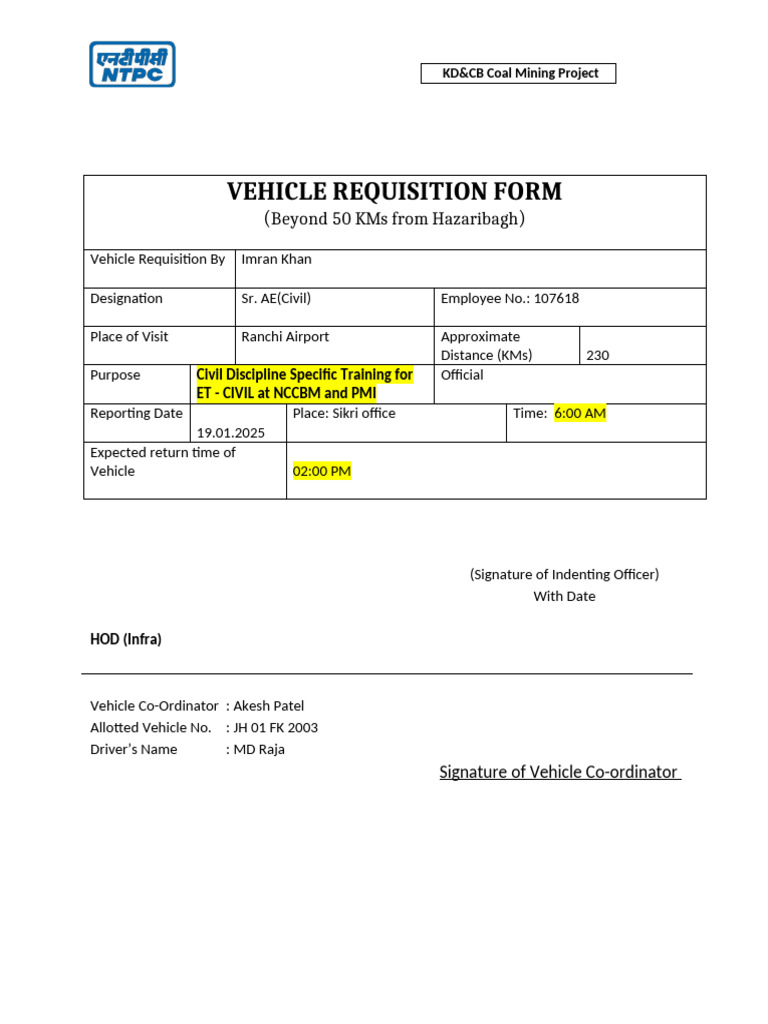 Vehicle Requisition Form For Office Use | PDF
