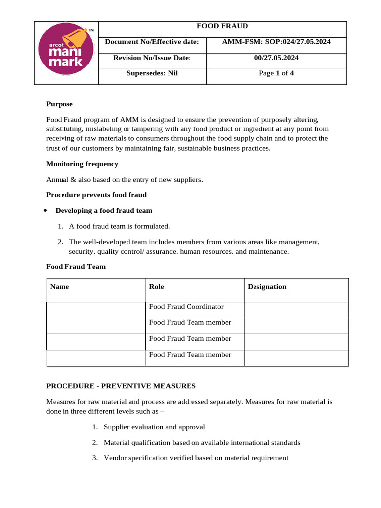 SOP - 024 Food Fraud Procedure | PDF | Specification (Technical ...