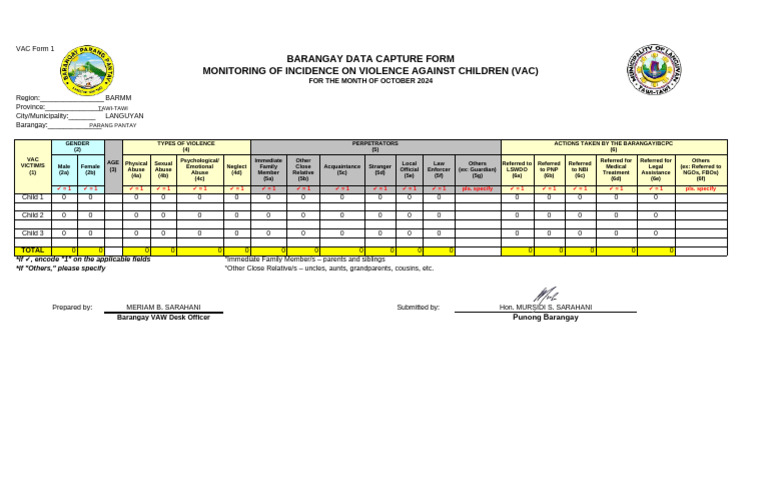 VAC - Barangay Data Capture Form | PDF | Child Abuse | Misconduct