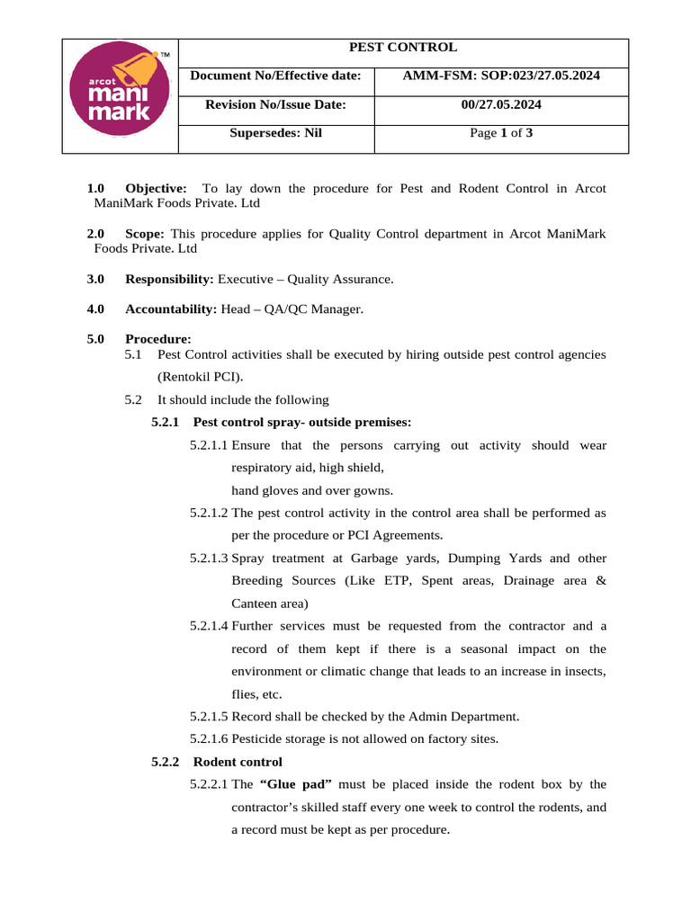 SOP- 023 Pest control SOP | PDF | Pest Control