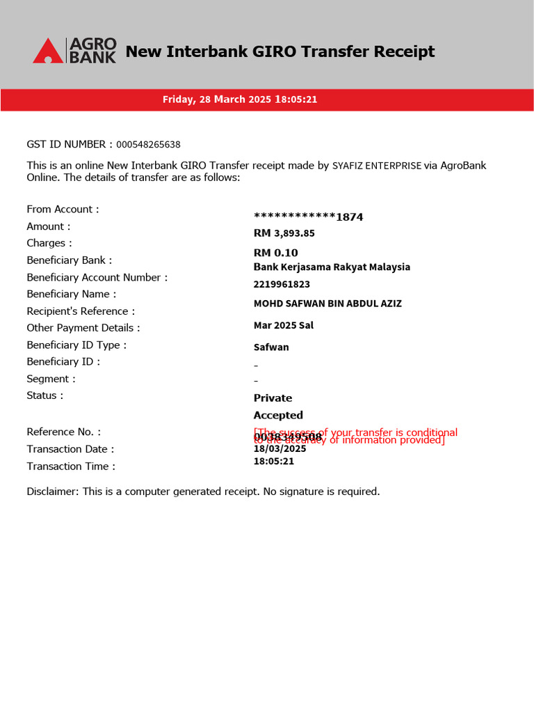 New Interbank GIRO Transfer Receipt | PDF