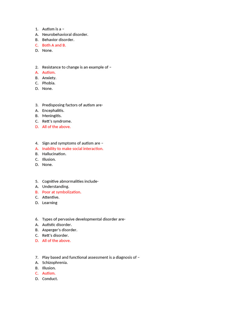 Autism Spectrum Disorder MCQs | PDF