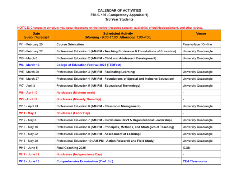 EDUC 197 - Calendar of Activities | PDF | Intelligence | Education Theory