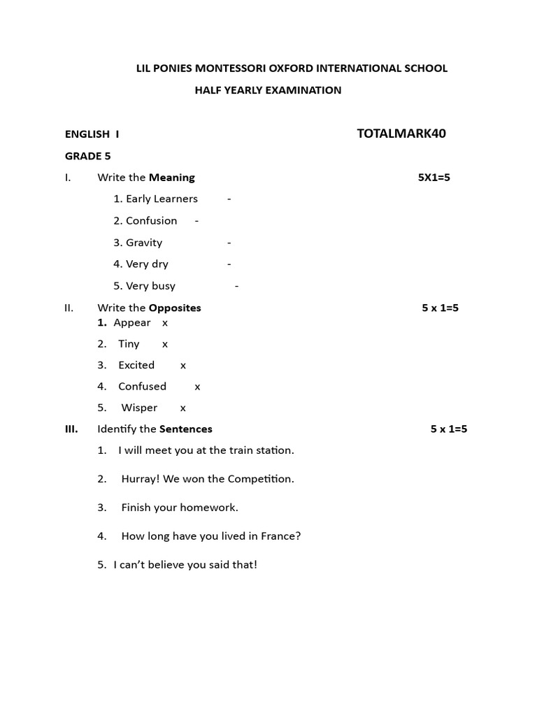 class 5 english paper 1 | PDF