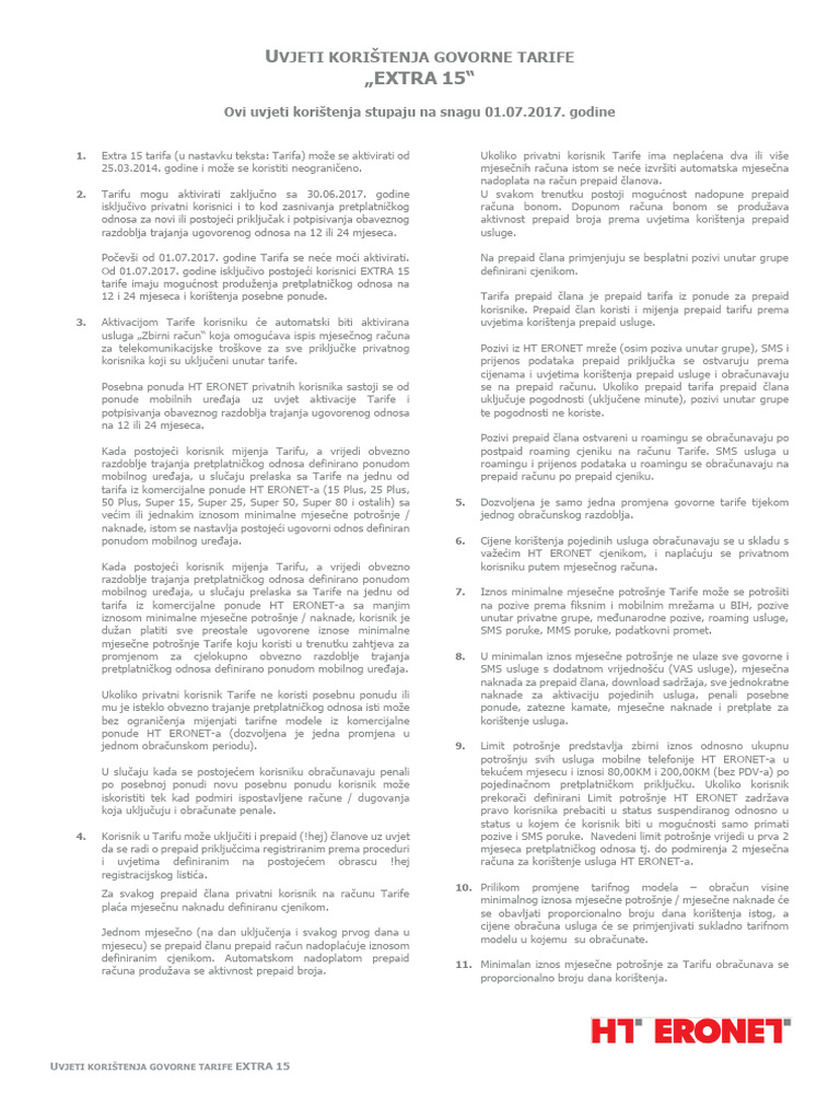 Uvjeti Koristenja Tarife Extra 15 124330 | PDF