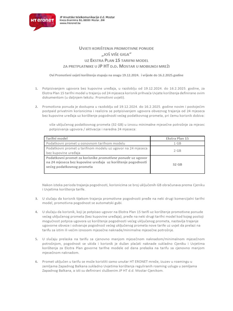 Uvjeti Koristenja Promotivne Ponude Ekstra Plan 15 101825 | PDF