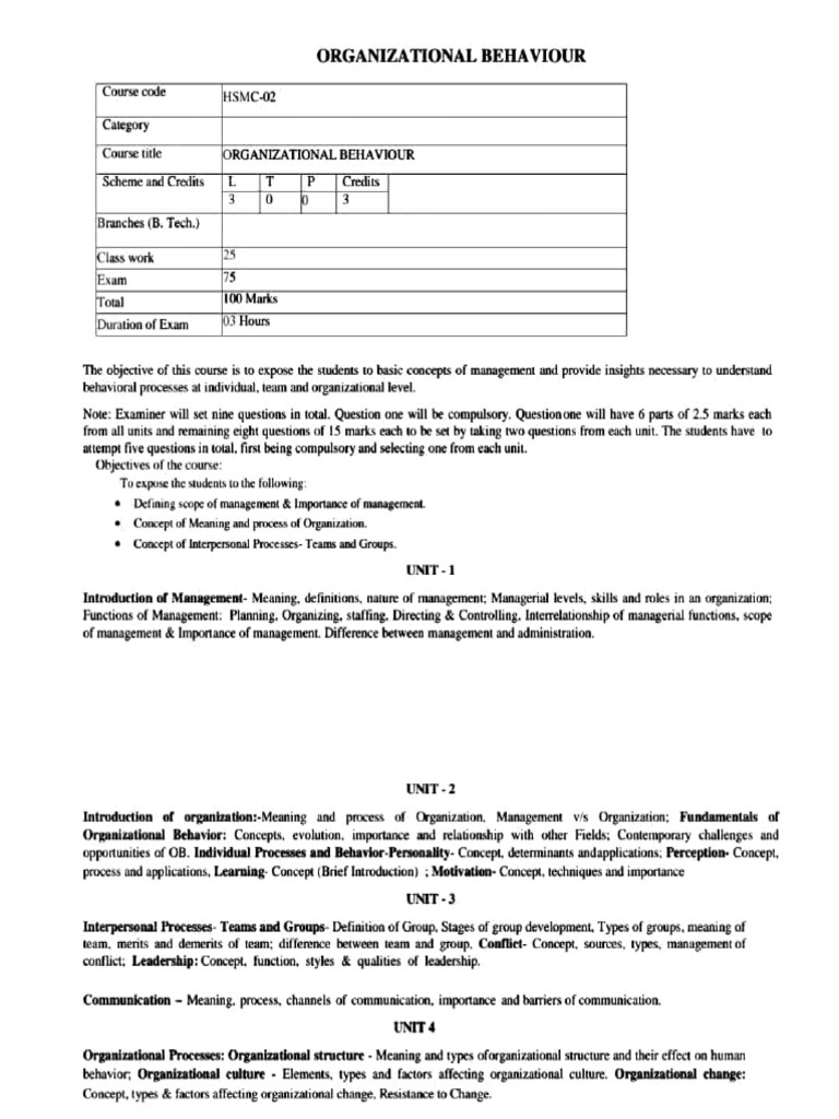Organizational Behavior Course Overview | PDF | Organizational Behavior ...
