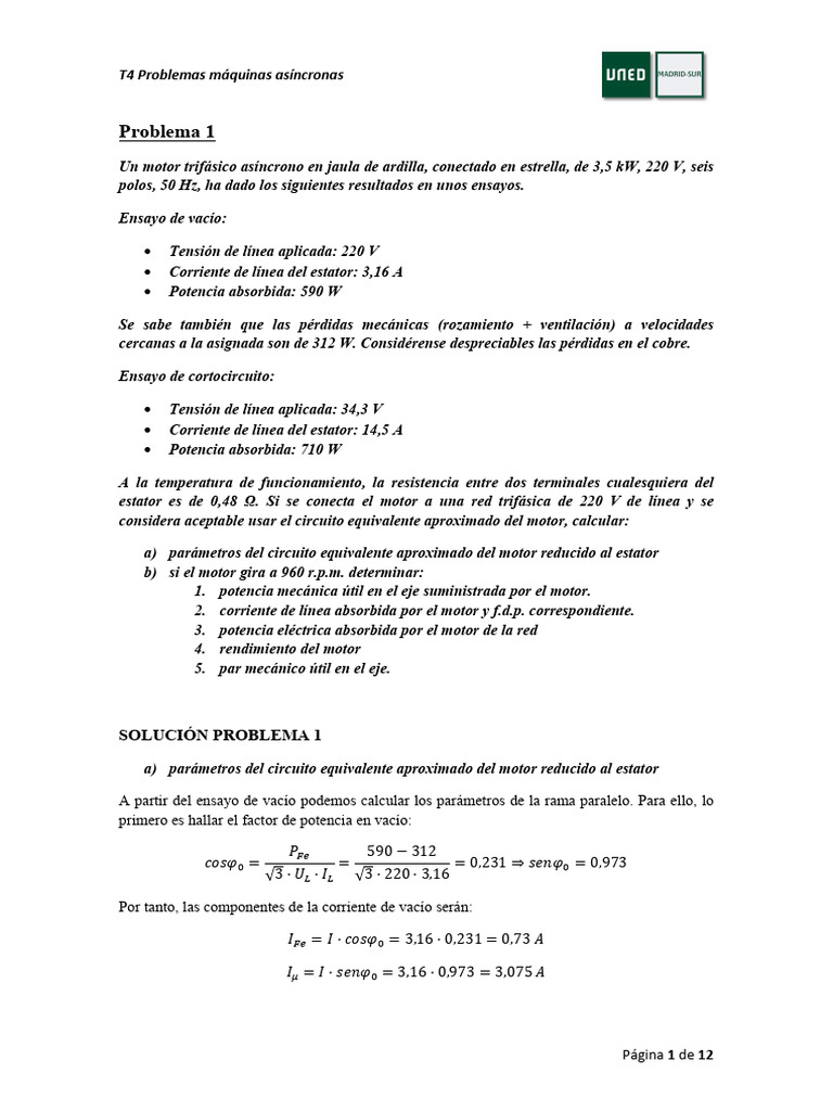 985 T4 Problemas Maquinas Asincronas Resueltos | PDF | Corriente eléctrica | Poder (Física)