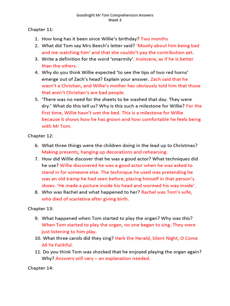 Goodnight MR Tom Comprehension Chapters 11 To 14 Answers | PDF
