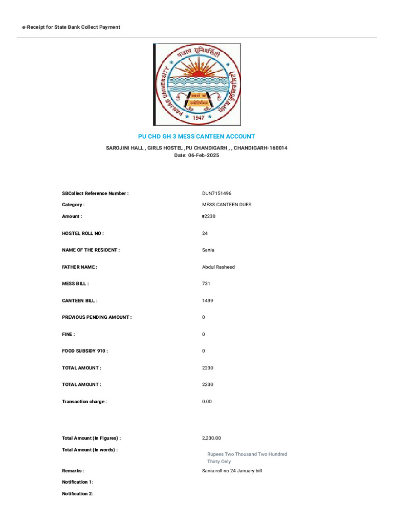 SBI Collect Payment Receipt for Mess Dues | PDF