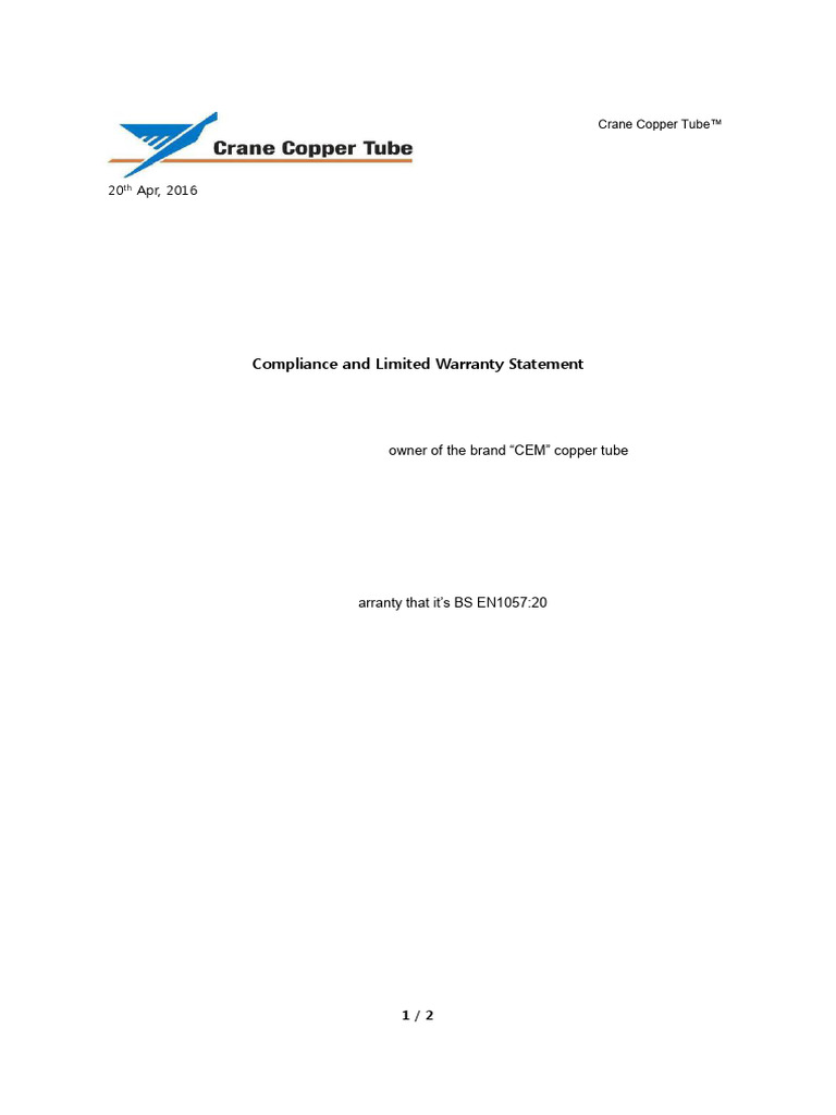 Crane Tubes En1057-Warranty | PDF