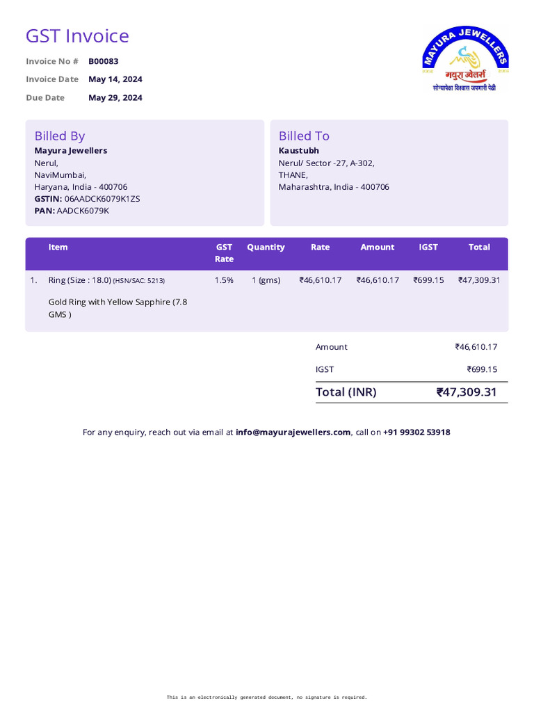 Invoice b00083 Mayura Jewellers Kaustubh | PDF