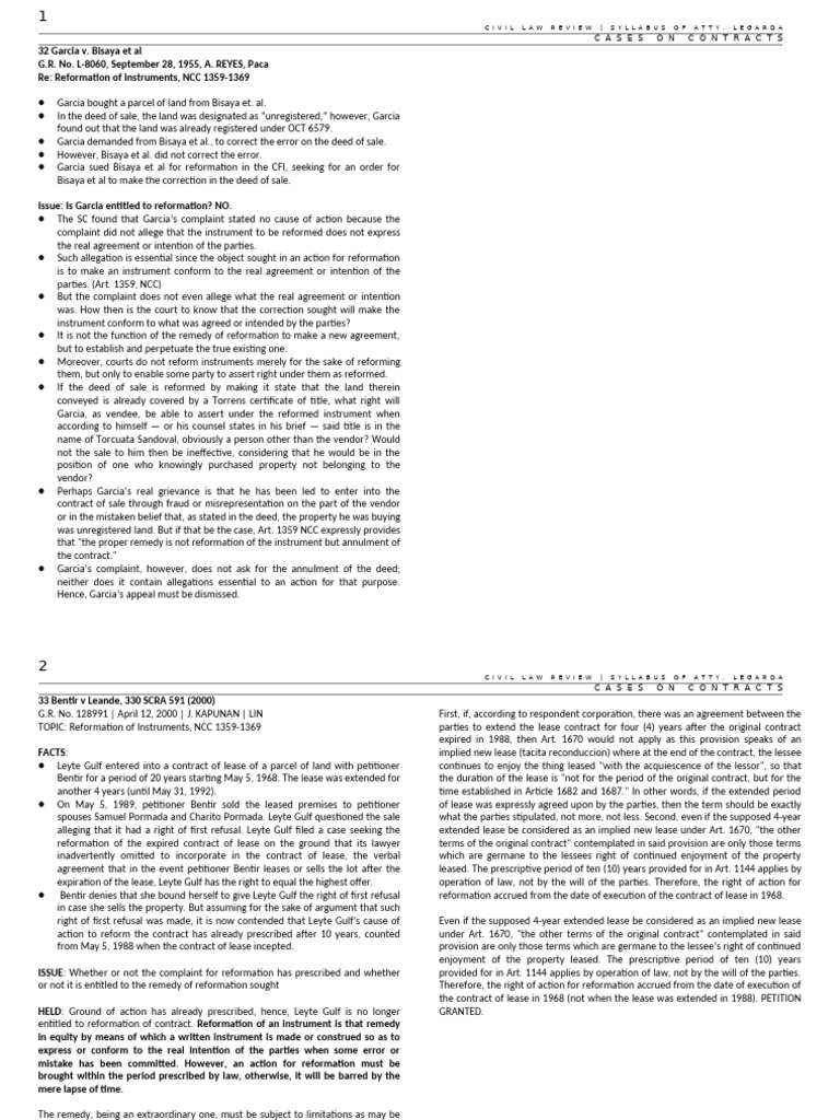 02 CIVREV Contracts Digests | PDF | Lease | Annulment