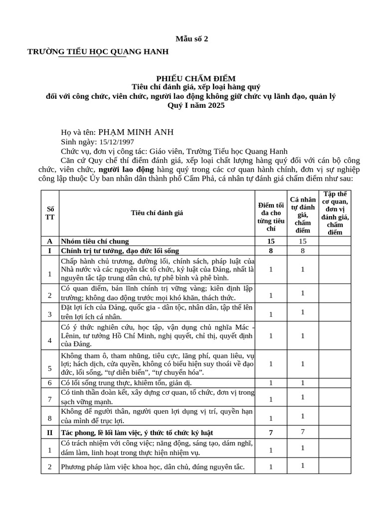 Mau so 2 - Phieu cham diem GV Minh Anh | PDF
