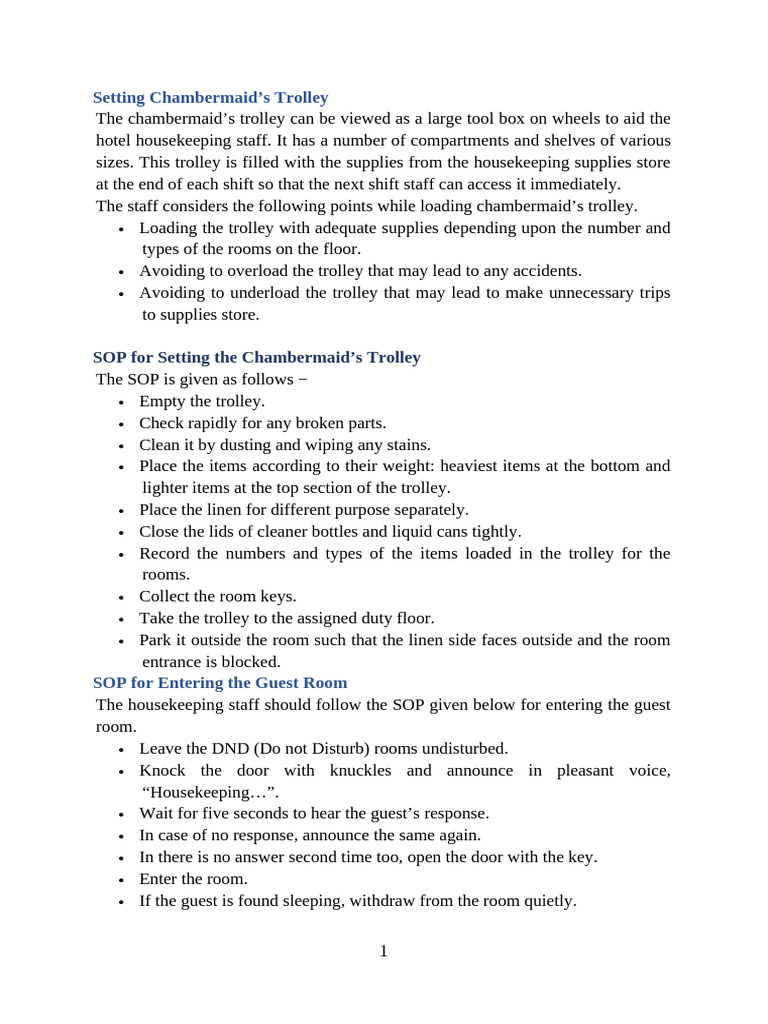 SOPs in hospitality (printed) | PDF | Housekeeping | Home