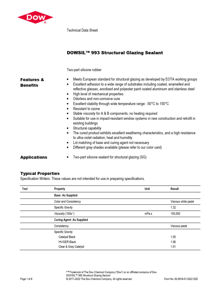 Dowsil 993 Structural Glazing Sealant | PDF | Silicone | Dow Chemical ...