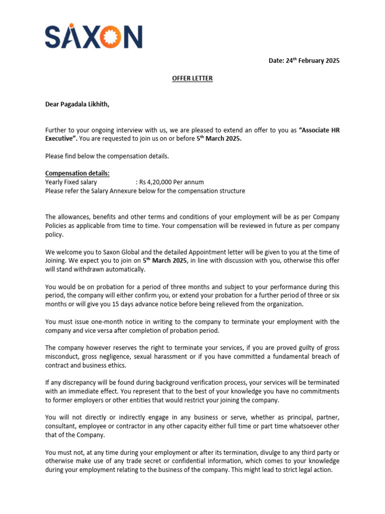 Offer Letter - Pagadala Likhith | PDF | Employment | Salary