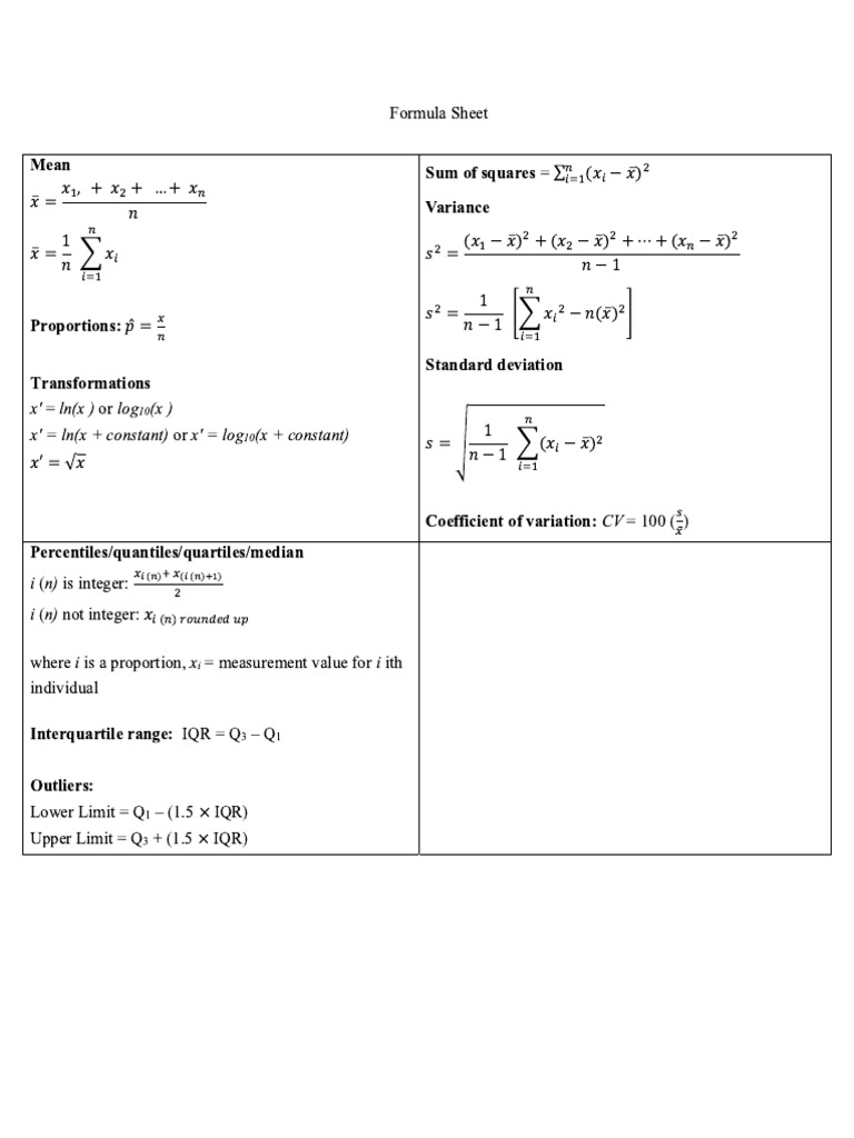 Final Exam W25 - Students Formula Sheet | PDF
