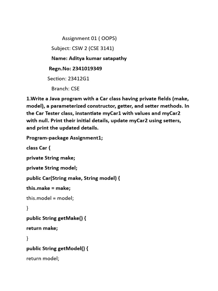 Assignment 01 Aditya Satapathy 2341019349 | PDF | Method (Computer Programming) | Class ...