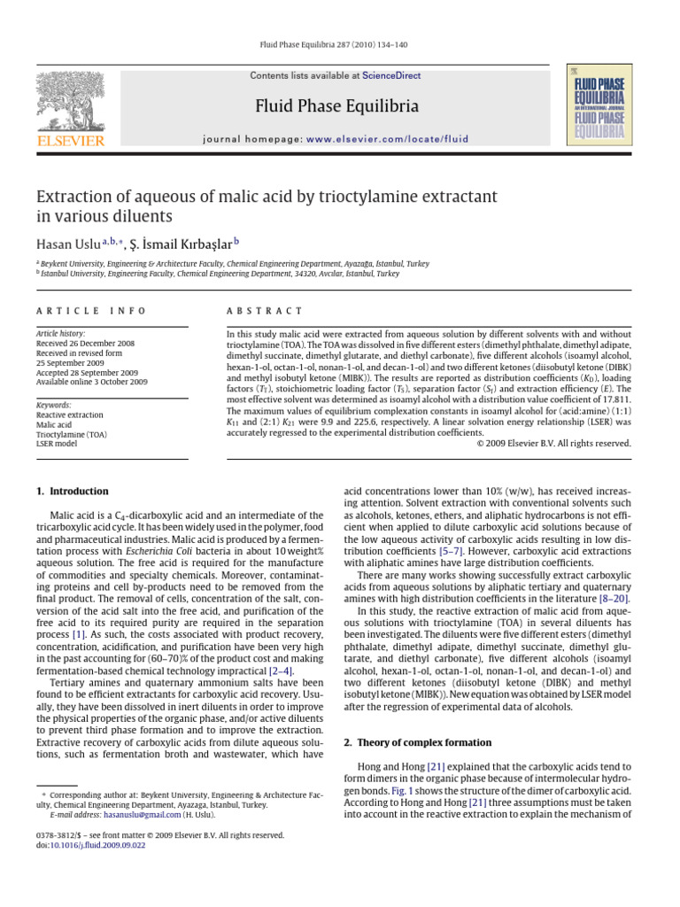 Malic Acid Extraction with Trioctylamine | PDF | Solvent | Acid