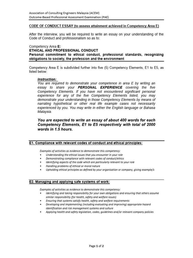 Outcome-Based PAE-ACEM-Competency Area E-Code of Conduct Essay | PDF | Occupational Safety And ...