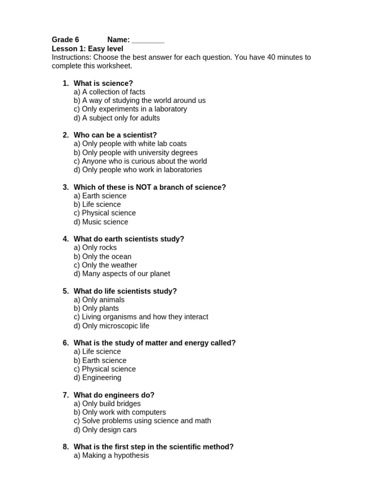 Lesson 1 - Multiple Choice Grade 6 | PDF | Science | Scientific Method