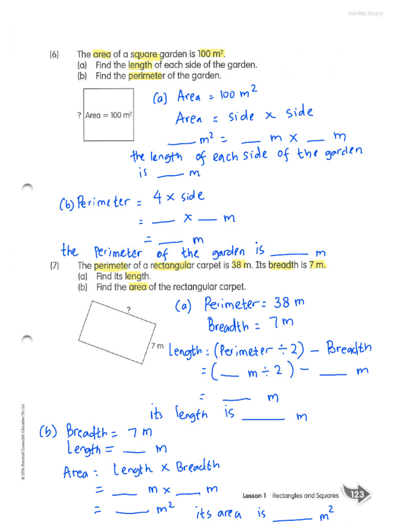 Area and Perimeter Guidelines To Do WB P 123-124 | PDF