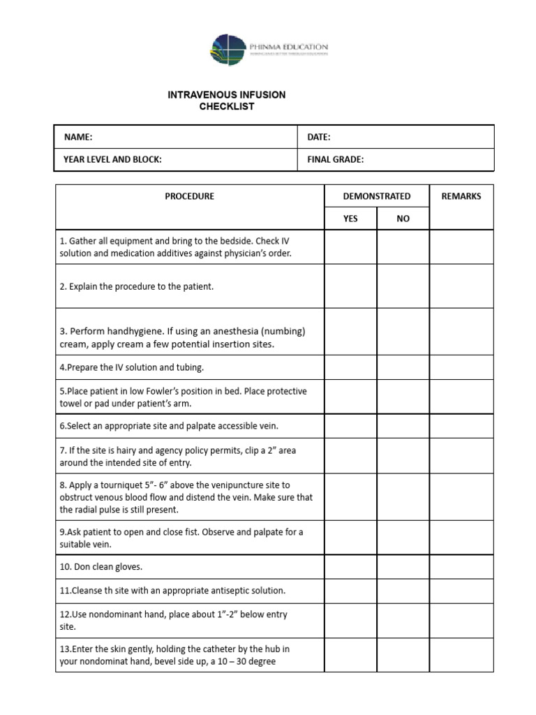 Intravenous Infusion Procedure Checklist | PDF | Intravenous Therapy | Medical Treatments
