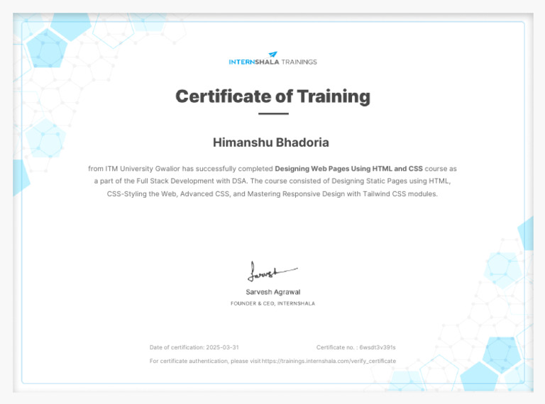 Designing Web Pages Using Html And Css Training Certificate Of Completion 1 Pdf