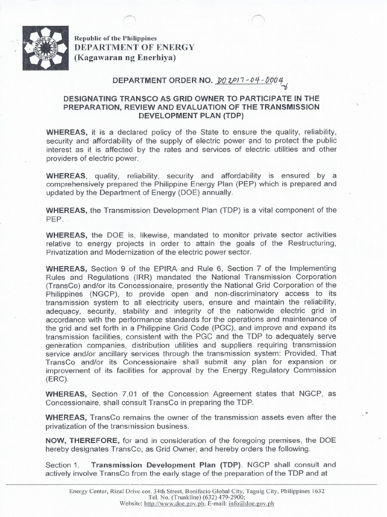 DOE Department Order Designation of Transco As Grid Owner | PDF
