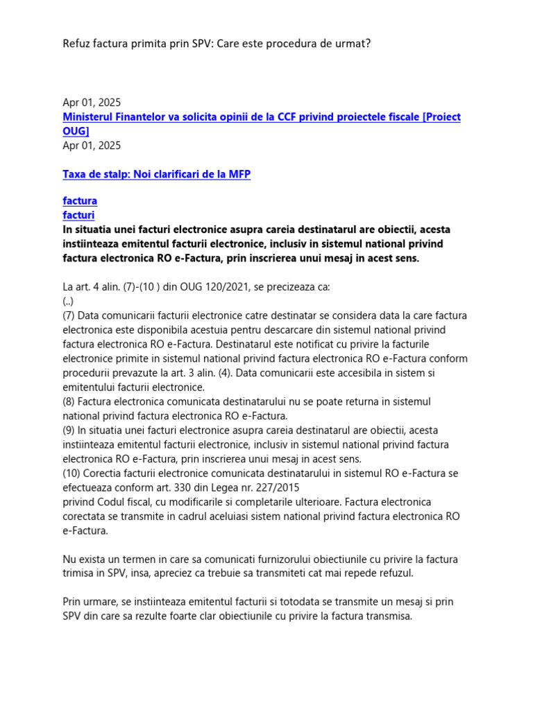 Refuz Factura Primita Prin SPV - Care Este Procedura de Urmat | PDF
