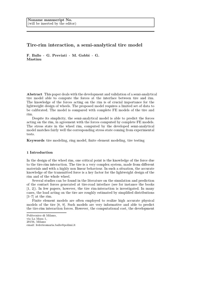 Tire-Rim Interaction, A Semi-Analytical Tire Model (Politecnico Di ...