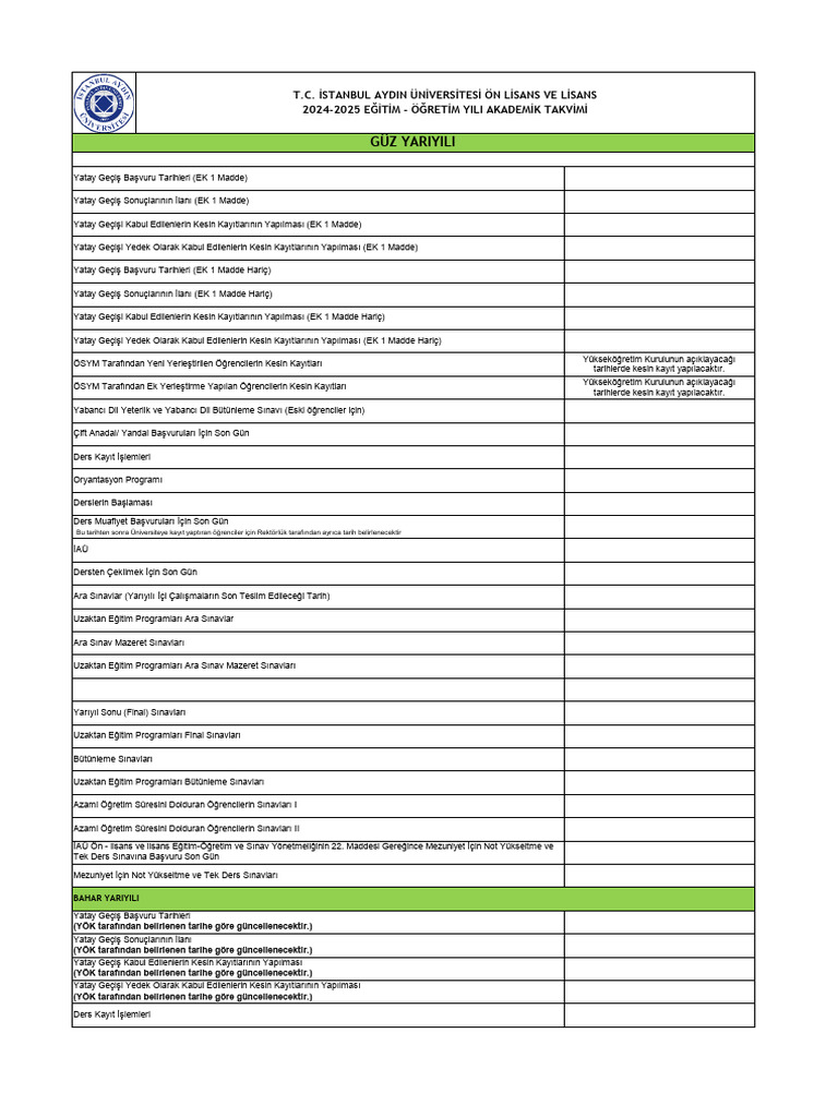 Iau 2024 2025 Akademik Yili On Lisans Ve Lisans Akademik Takvim | PDF